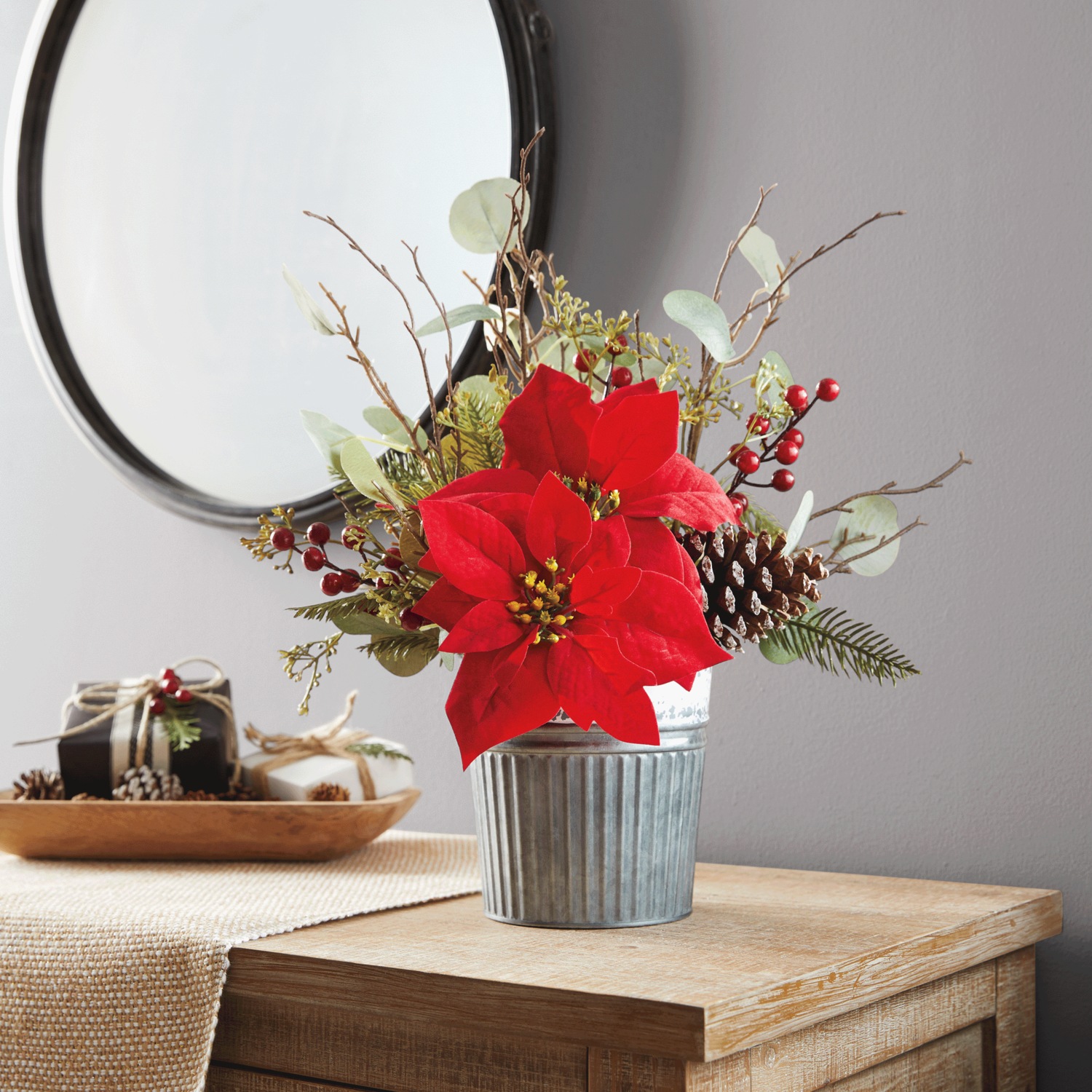 Poinsettia Wall or Table Galvanized Bucket | Country Door
