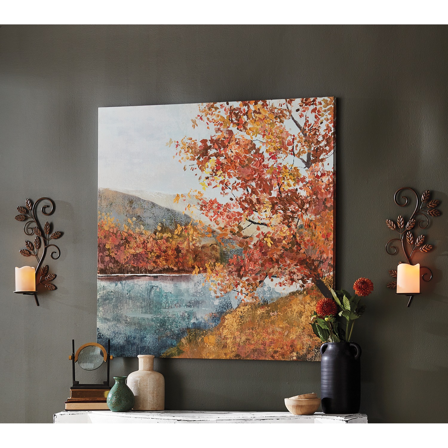 Autumn Lake View Wall Art and Set of 2 Scrolls and Leaves Wall Sconces ...