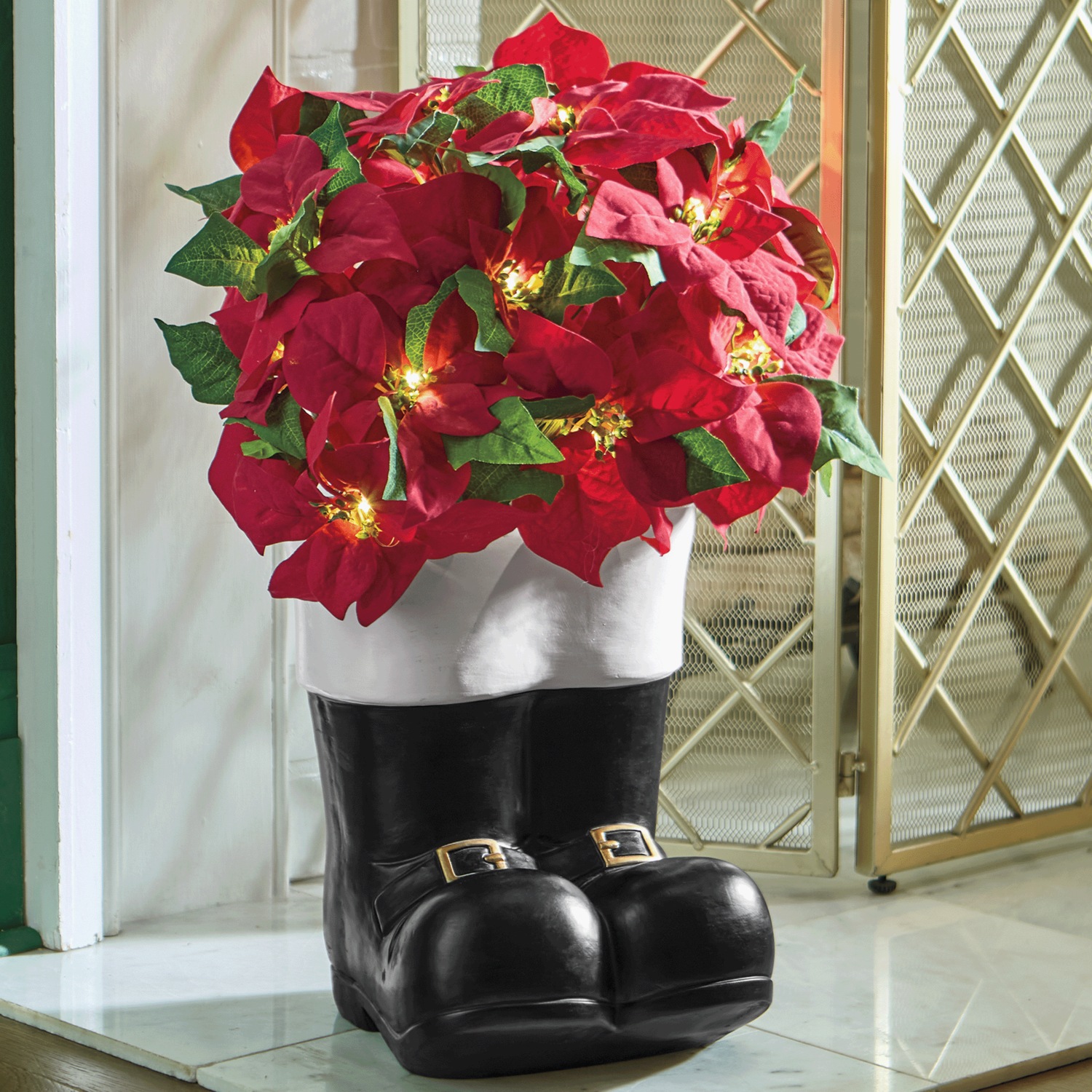 Lit Poinsettia in Santa Boots | Country Door