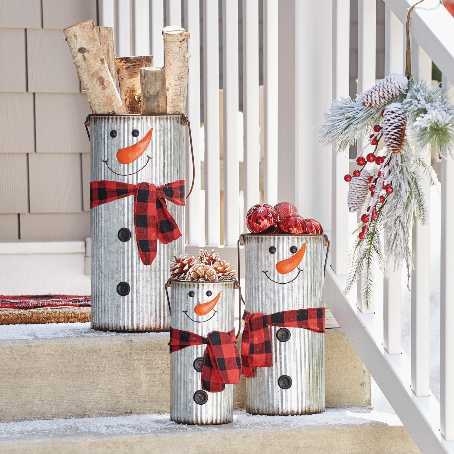 Set of 3 Galvanized Metal Snowmen Buckets | Country Door