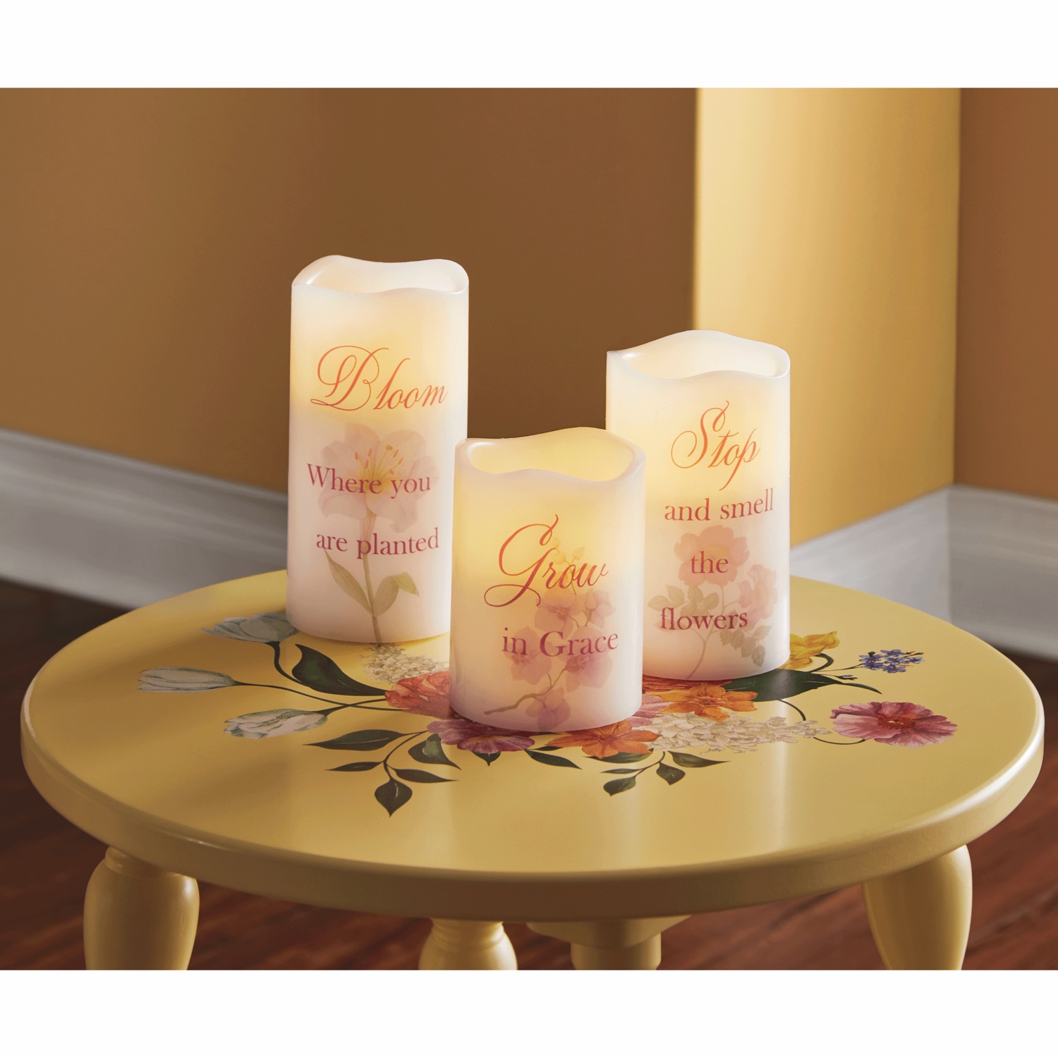 Set of 3 Floral Sentiment LED Candles | Country Door
