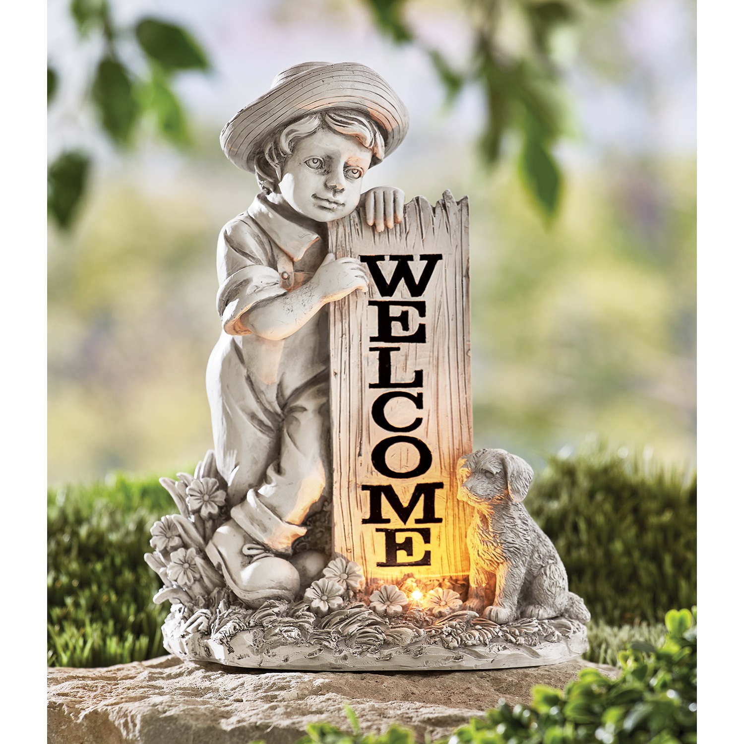 Solar Welcome Boy with Puppy | Country Door